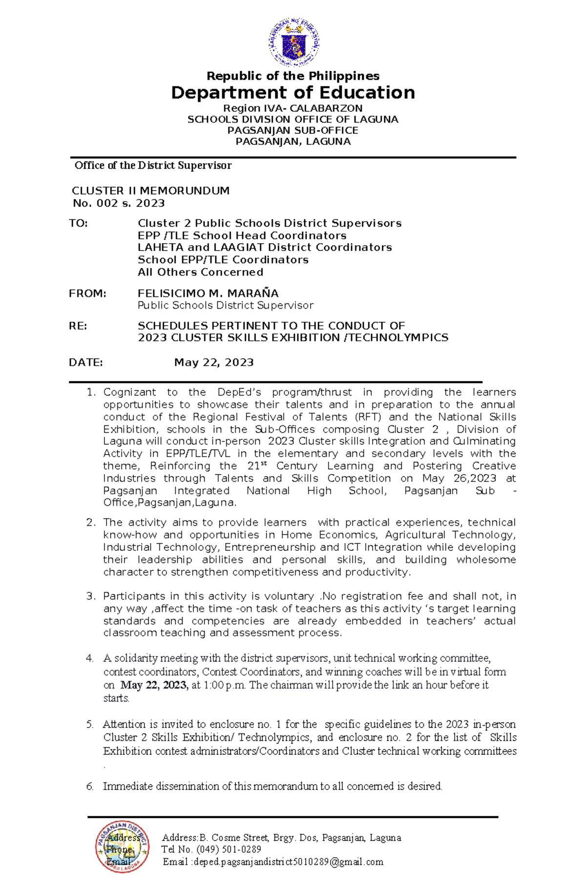 Memo -Cluster-2-Technolympics - Republic of the Philippines Department ...