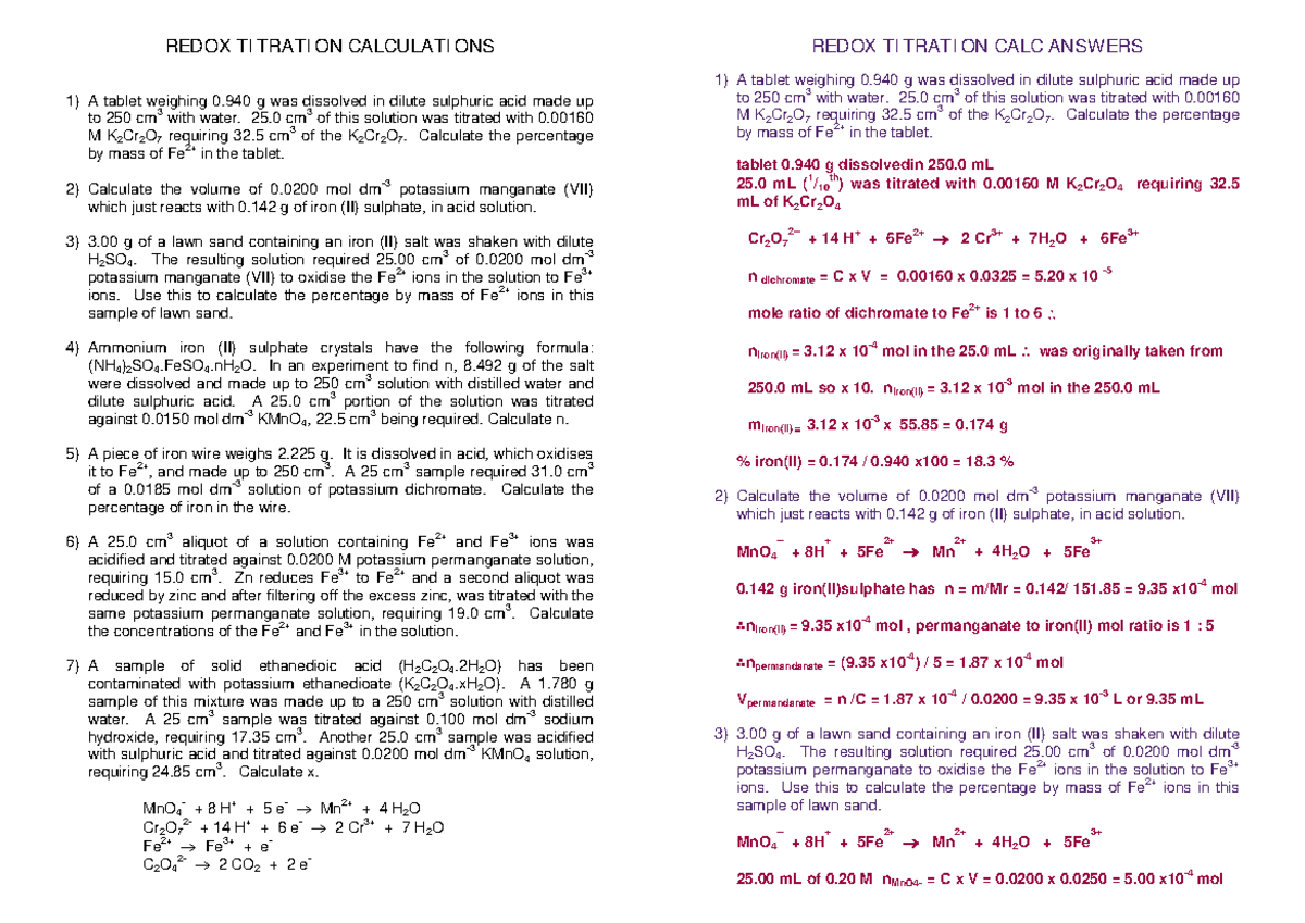 Redox titrations online with answers - REDOX TITRATION CALCULATIONS 1 ...