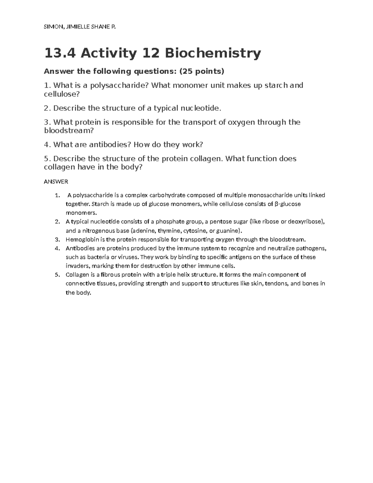13.4 Activity 12 Biochemistry - SIMON, JIMIELLE SHANE P. 13 Activity 12 ...
