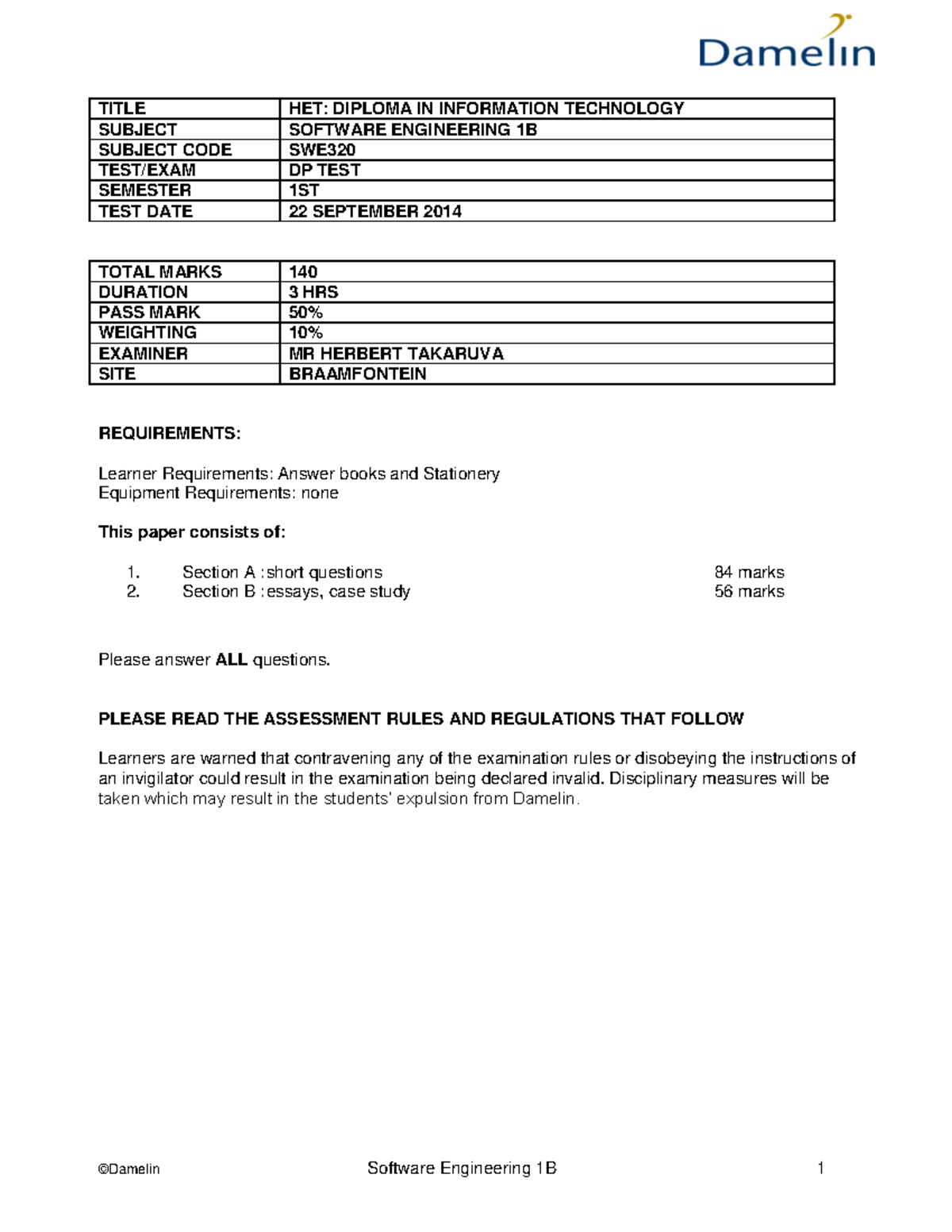 Software Engineering 1B Test - TITLE HET: DIPLOMA IN INFORMATION ...
