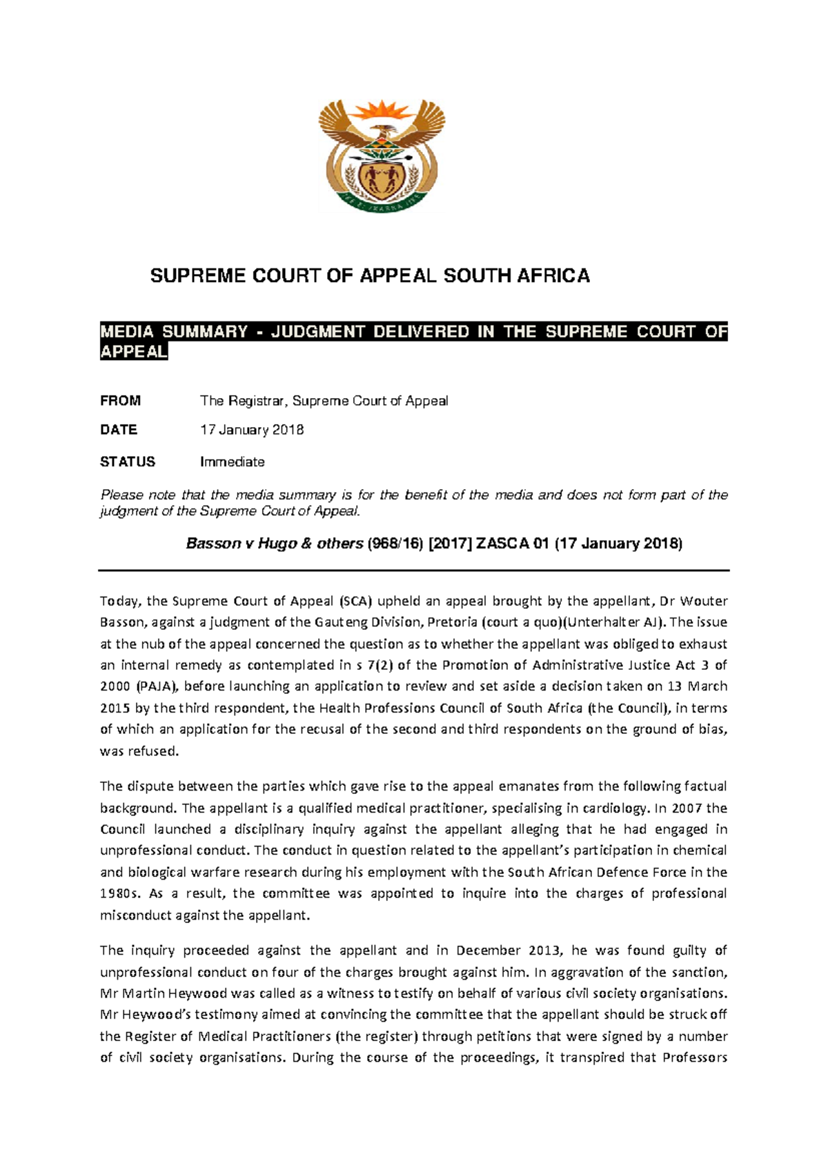 Basson SCA summary - Caselaw - SUPREME COURT OF APPEAL SOUTH AFRICA ...