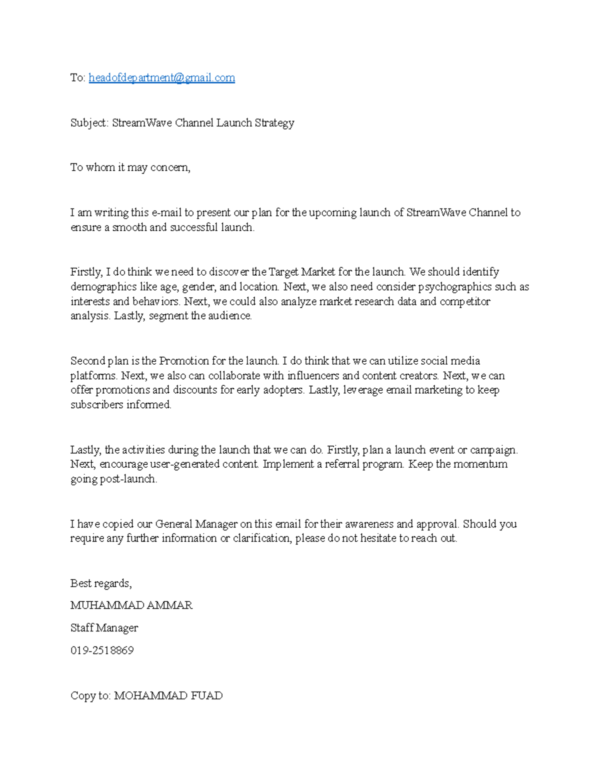 LCC500 - To: headofdepartment@gmail Subject: StreamWave Channel Launch ...