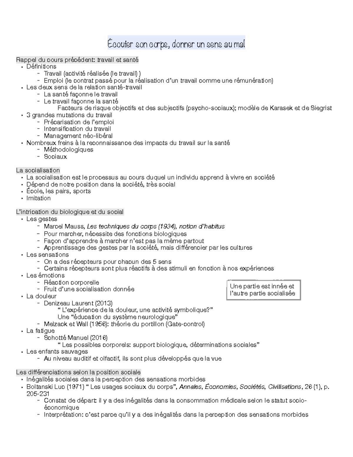 Notes Sociologie de la santé cours 7 - Écouter son corps, donner un ...