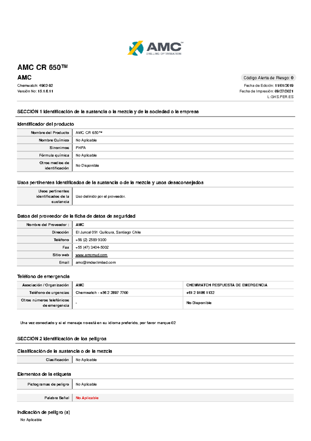 AMC CR 650 - fds de producto químico - AMC Código Alerta de Riesgo: 0 ...