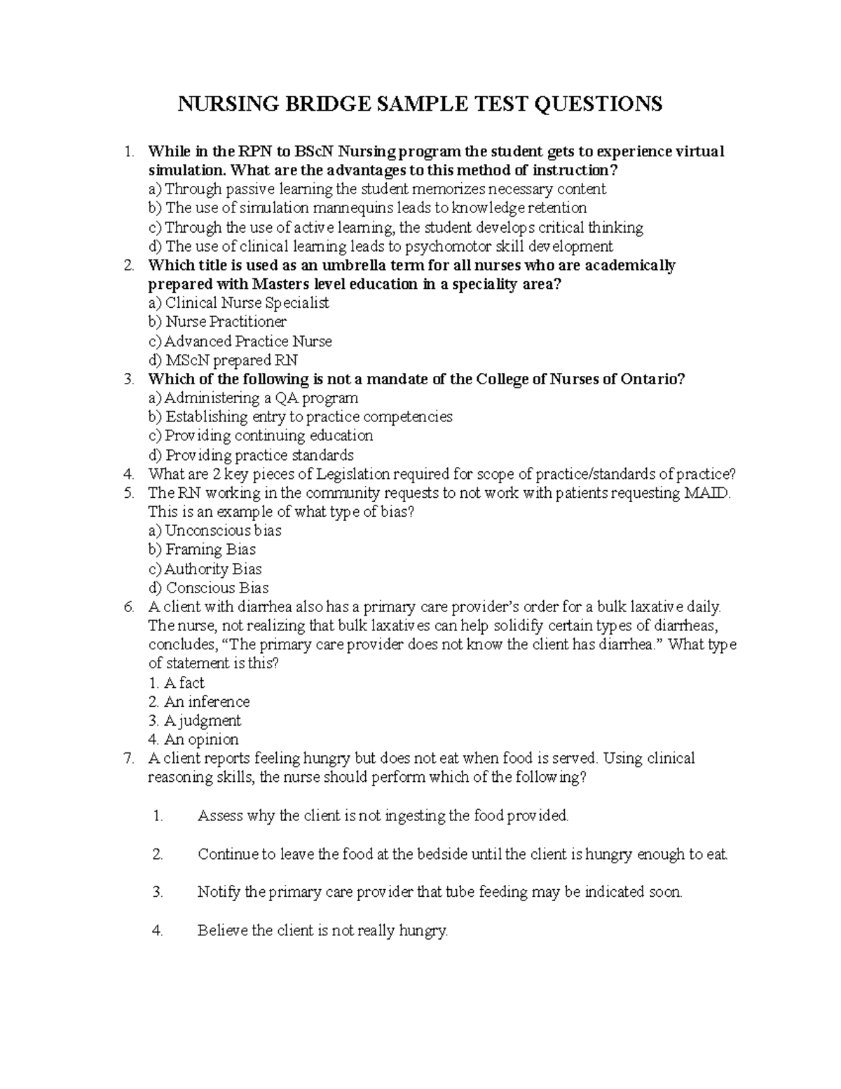Nursing Bridge Sample Test Ques - NURSING BRIDGE SAMPLE TEST QUESTIONS ...