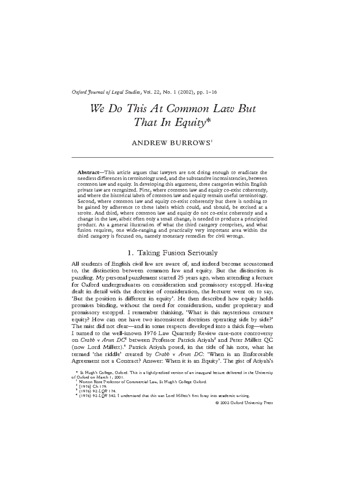 A Burrows, ‘We do this at Common Law but that in Equity’ (2002 ) 22 ...