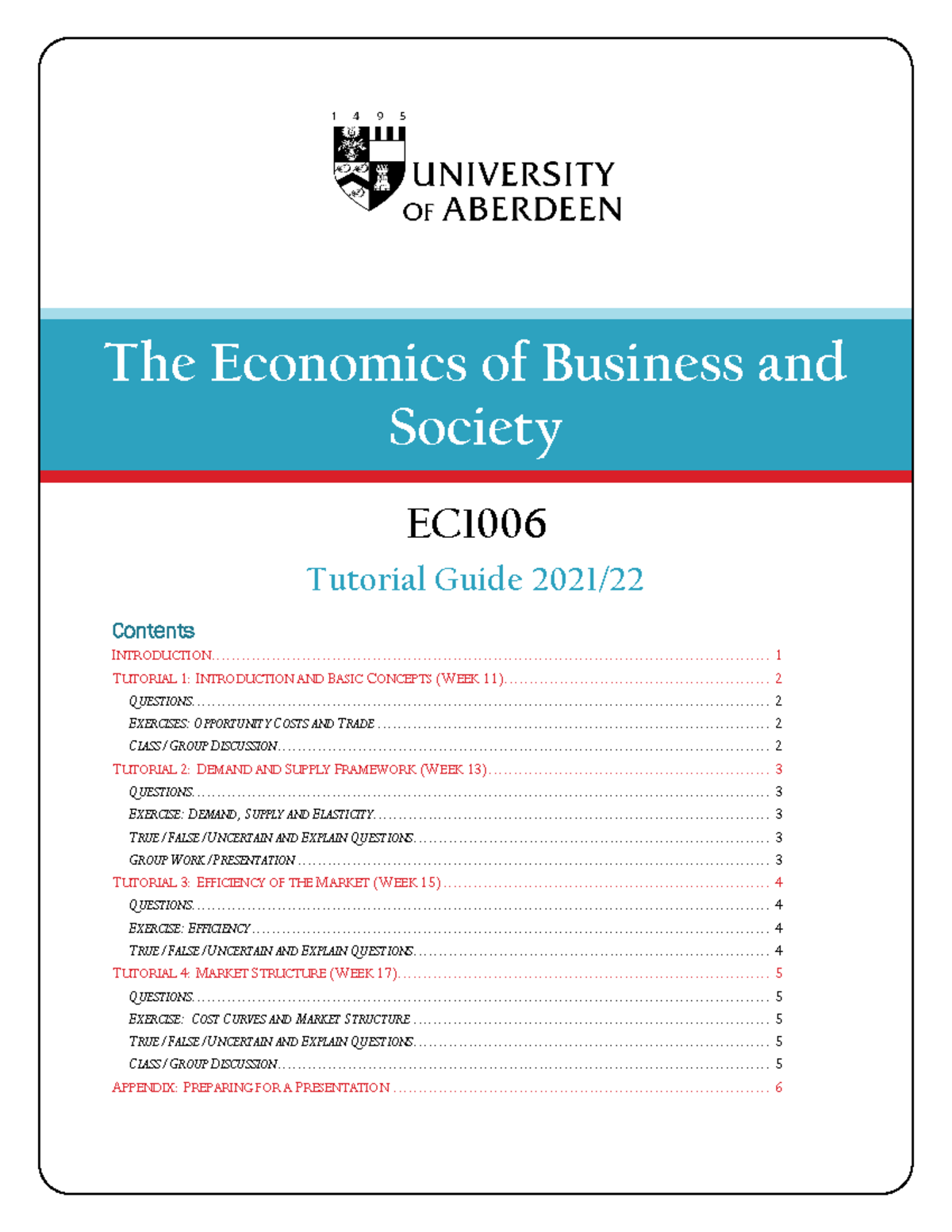 EC1006 Tutorial Guide (2021) - Contents The Economics of Business and I ...