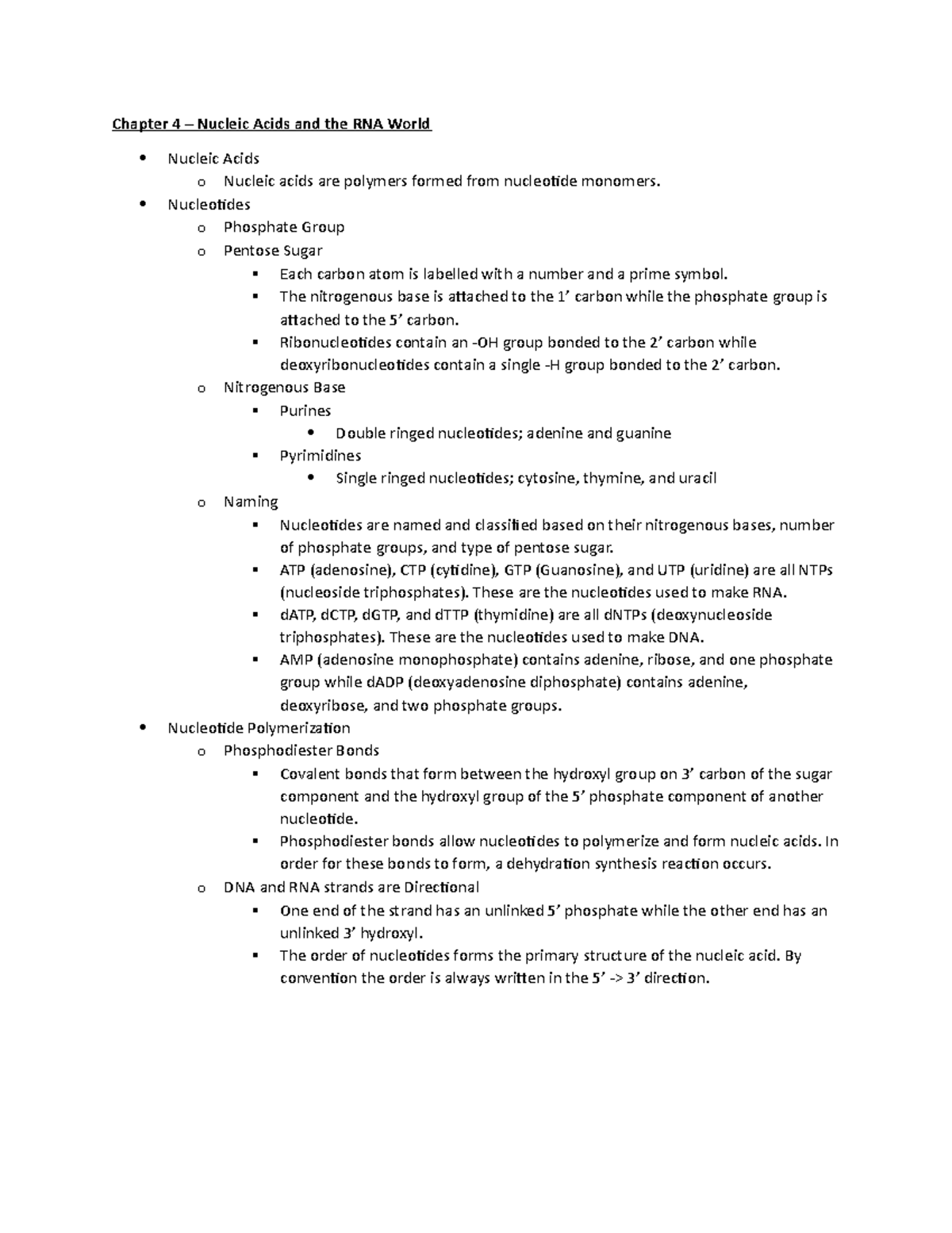BIOL1000 - Chapter 4 – Nucleic Acids and the RNA World - Chapter 4 – Nucleic Acids and the RNA ...