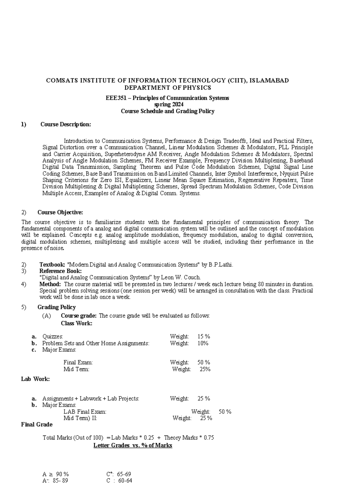 EEE351 course outline - COMSATS INSTITUTE OF INFORMATION TECHNOLOGY ...