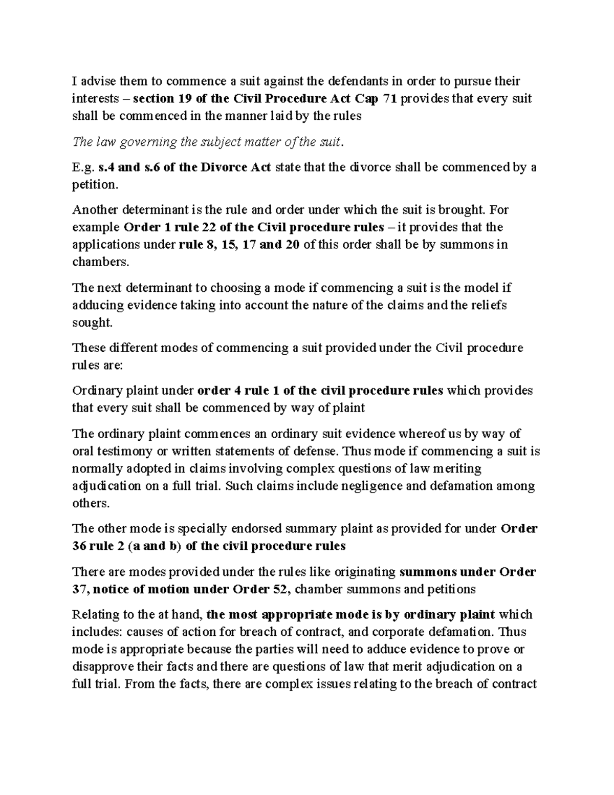 Ordinary Plaint (Mr. Herbert) - I advise them to commence a suit ...