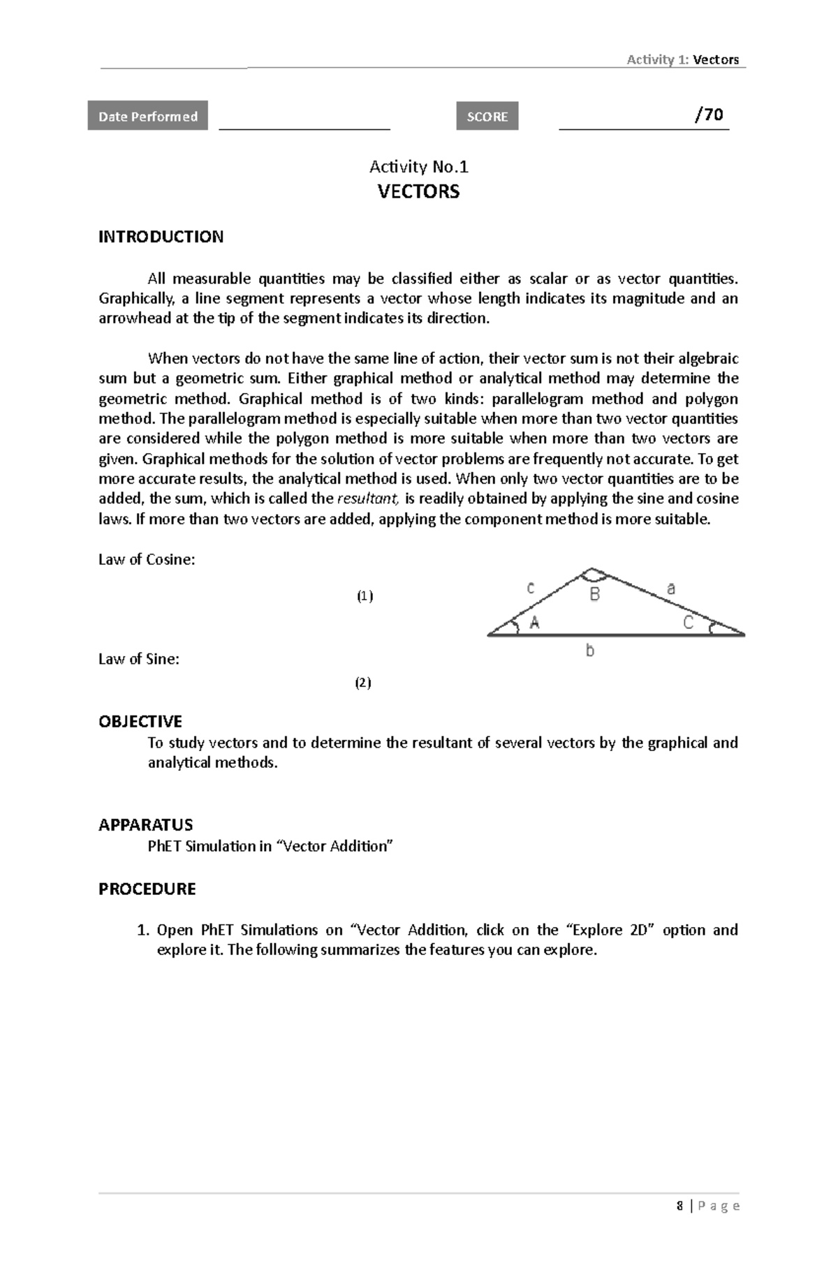 1 Vectors-1 - NONE - Date Performed SCORE / Activity 1: Vectors ...