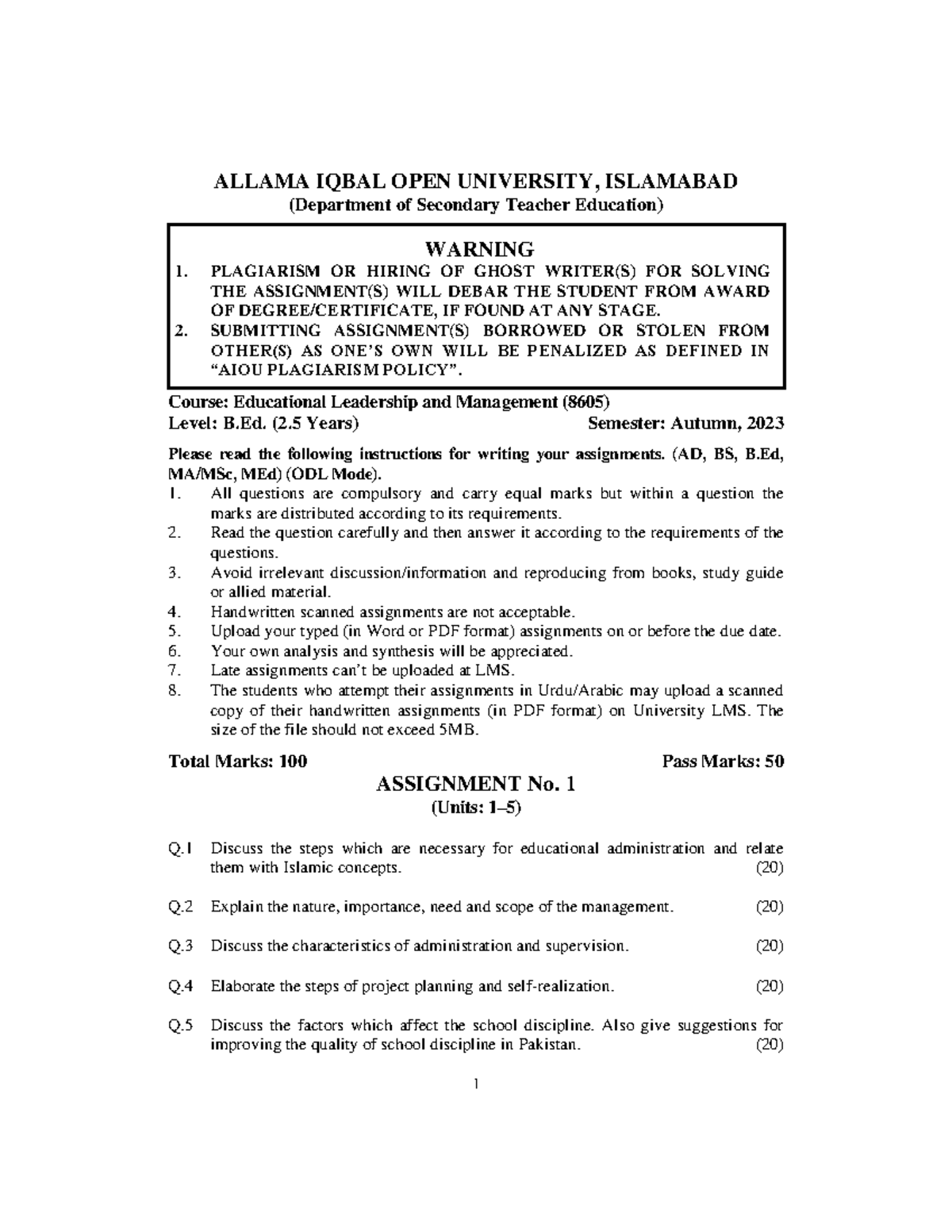 8605-1 - 1 ALLAMA IQBAL OPEN UNIVERSITY, ISLAMABAD (Department of ...