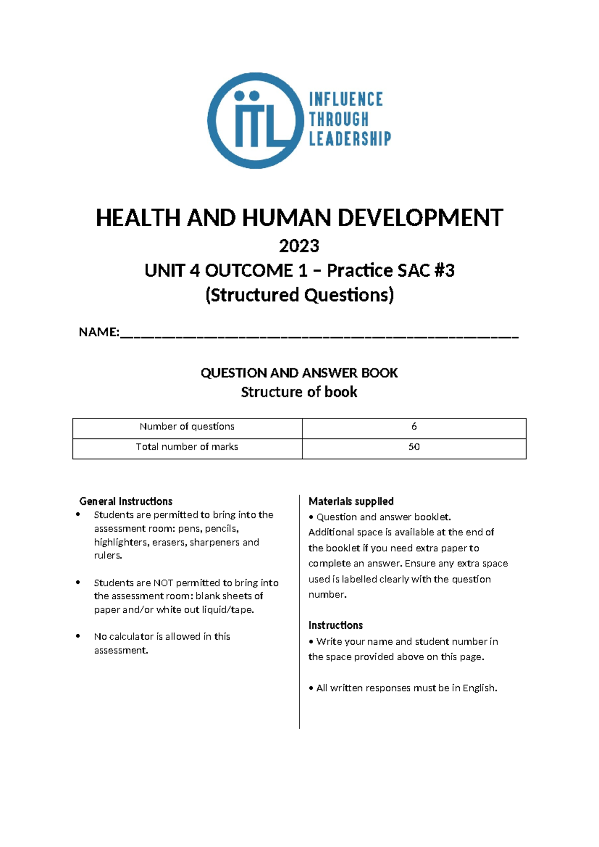 Practice SAC #3 - practise sac - HEALTH AND HUMAN DEVELOPMENT 2023 UNIT ...