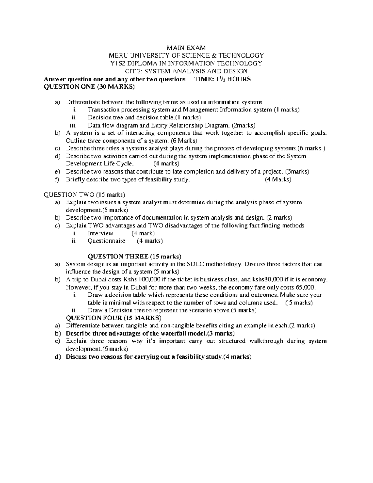 Exam sad - MAIN EXAM MERU UNIVERSITY OF SCIENCE & TECHNOLOGY Y1S2 ...