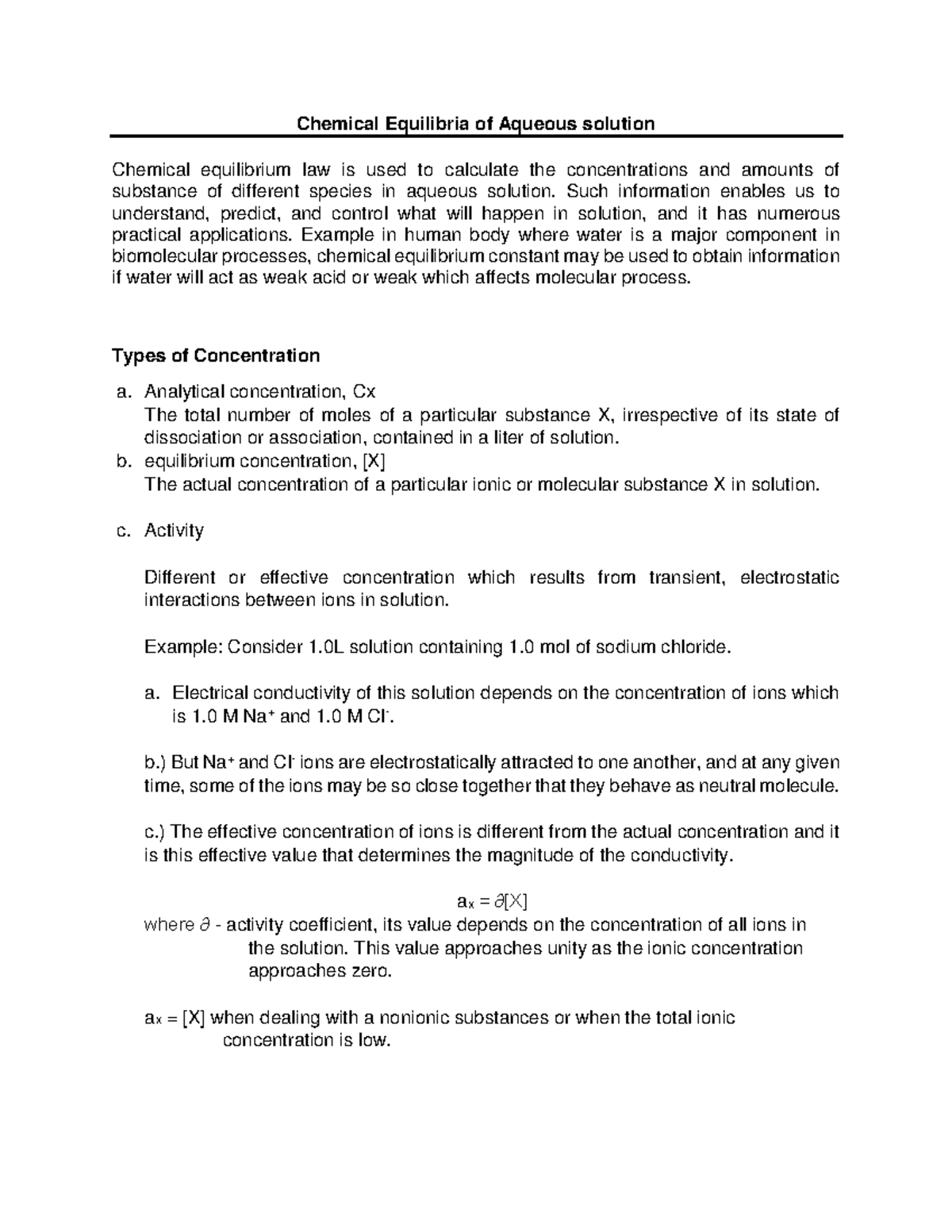 Chemical Equilibria of Aqueous solution Notes - Chemical Equilibria of ...