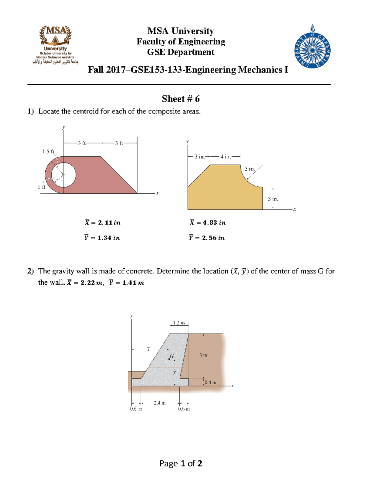 Mechanics - sheet 6 - Fall 2017 - MSA University Faculty of Engineering ...