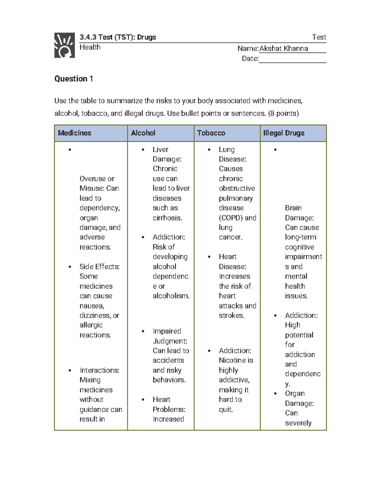Unit 3 test - irneirvo - 3.4 Test (TST): Drugs Test Health Name:Akshat ...