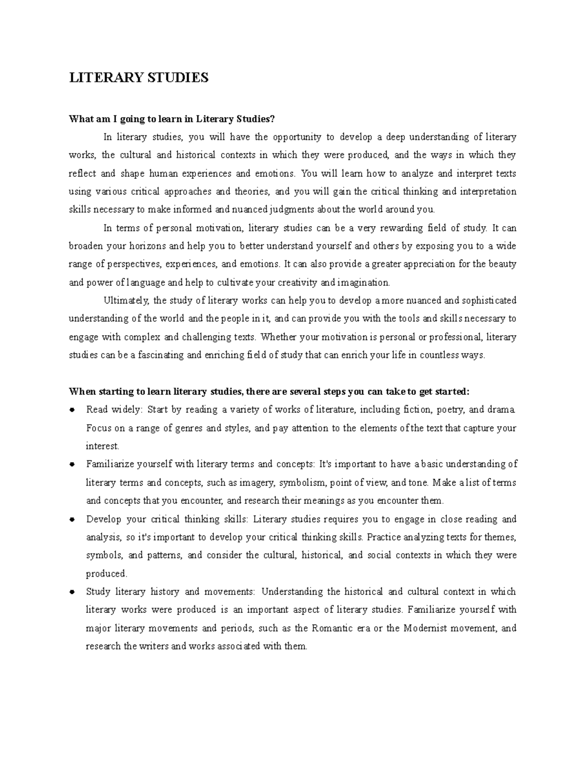 Notes, Getting Started with Literary Studies - LITERARY STUDIES What am ...