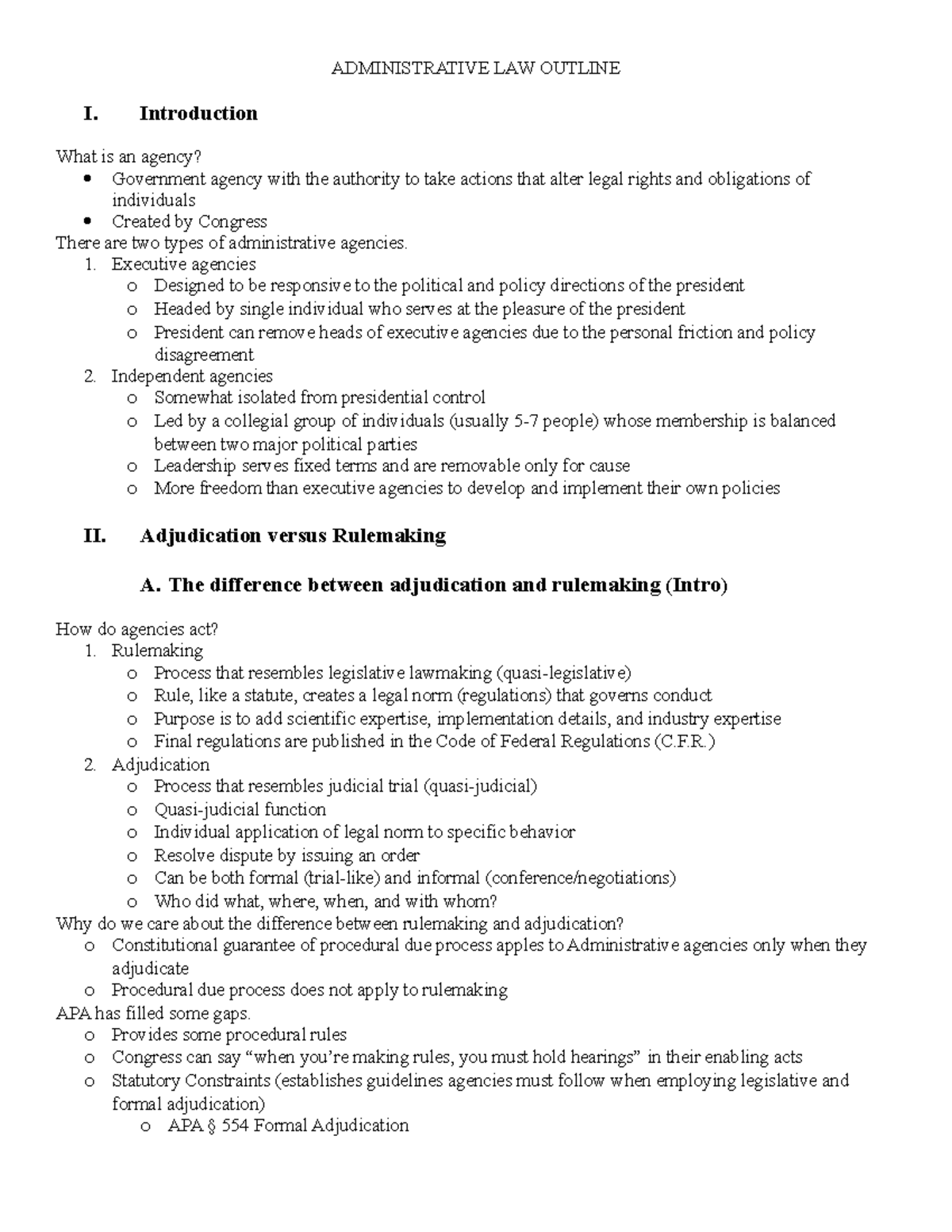 Administrative LAW Outline - ADMINISTRATIVE LAW OUTLINE I. Introduction ...