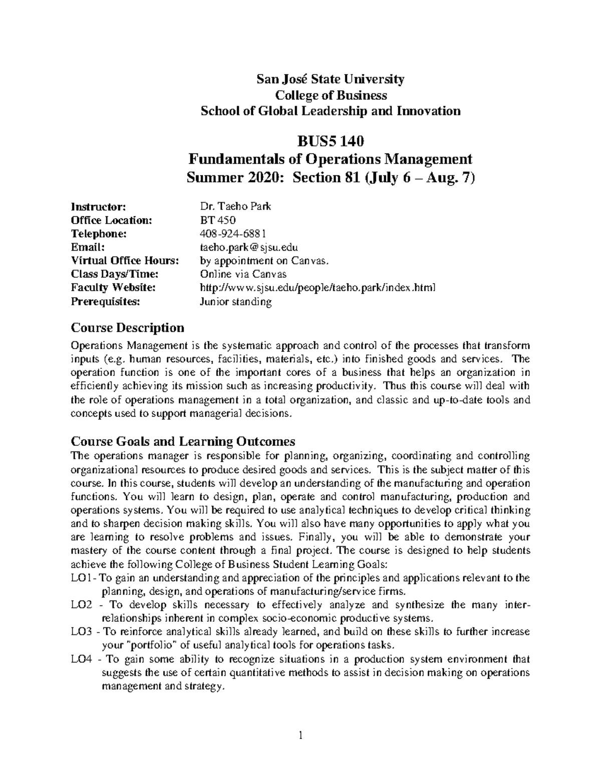 SYL20Summer B140 - SJSU Business 140 Course Taeho Park - San José State ...