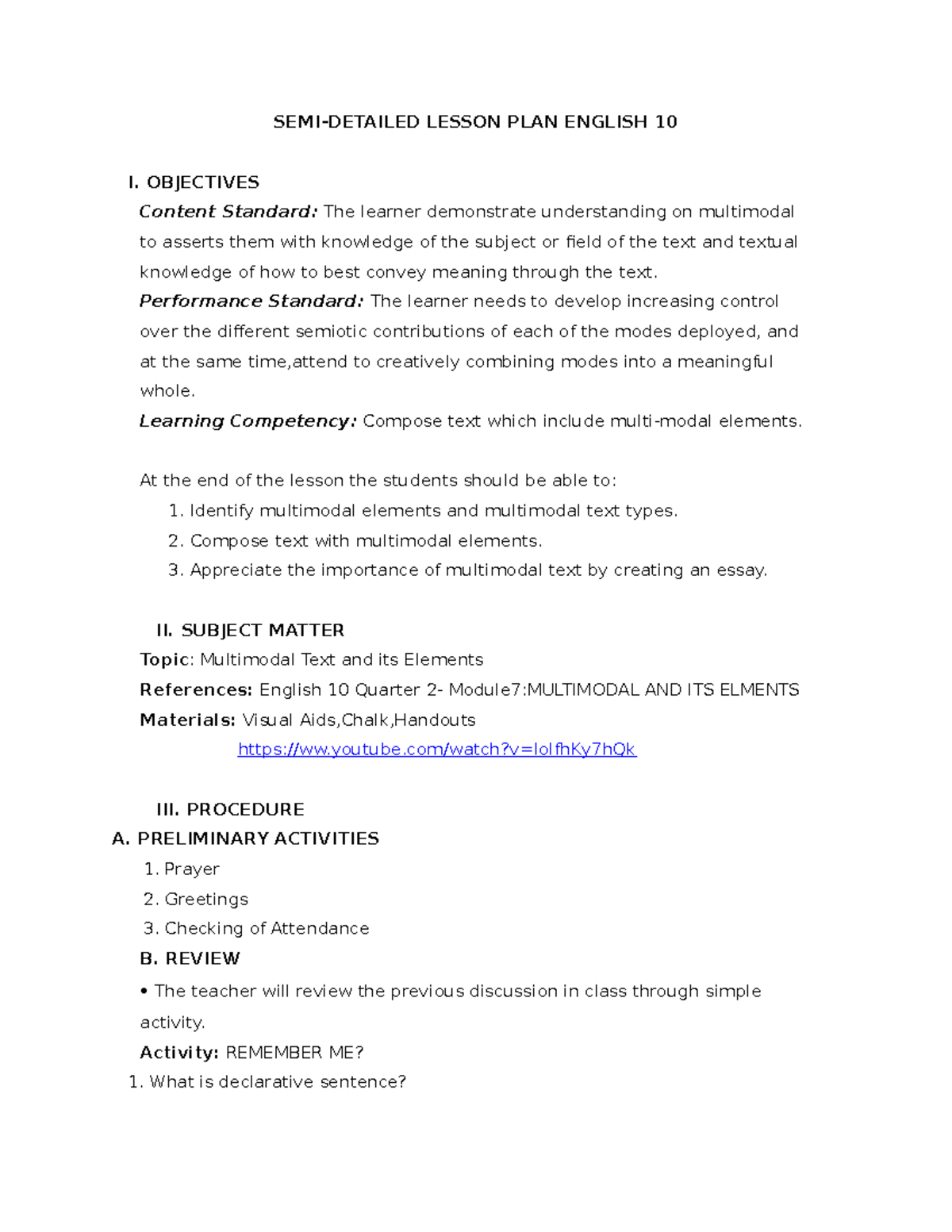 1 Semi Detailed Lp English 10 Semi Detailed Lesson Plan English 10 I