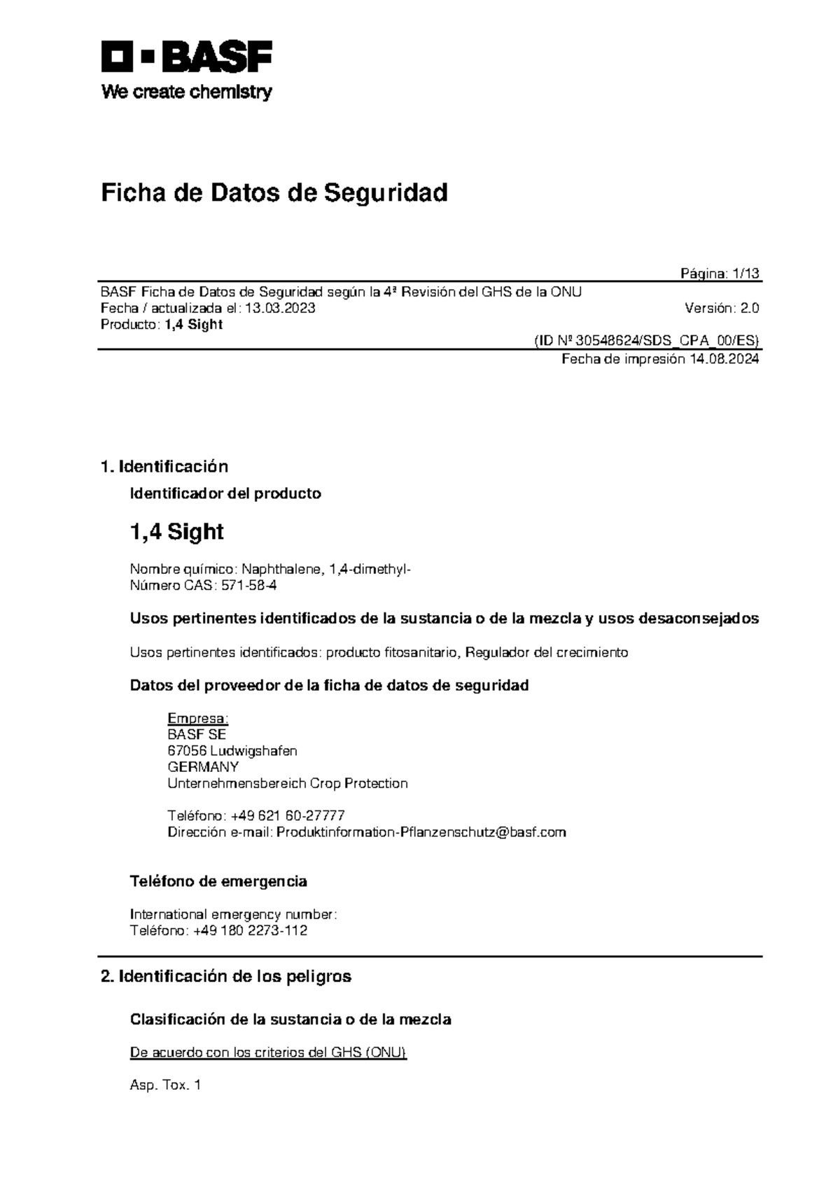 1,4+Sight 30548624 SDS CPA 00 es 2-0 - Ficha de Datos de Seguridad Página: 1 / 13 BASF Ficha de ...