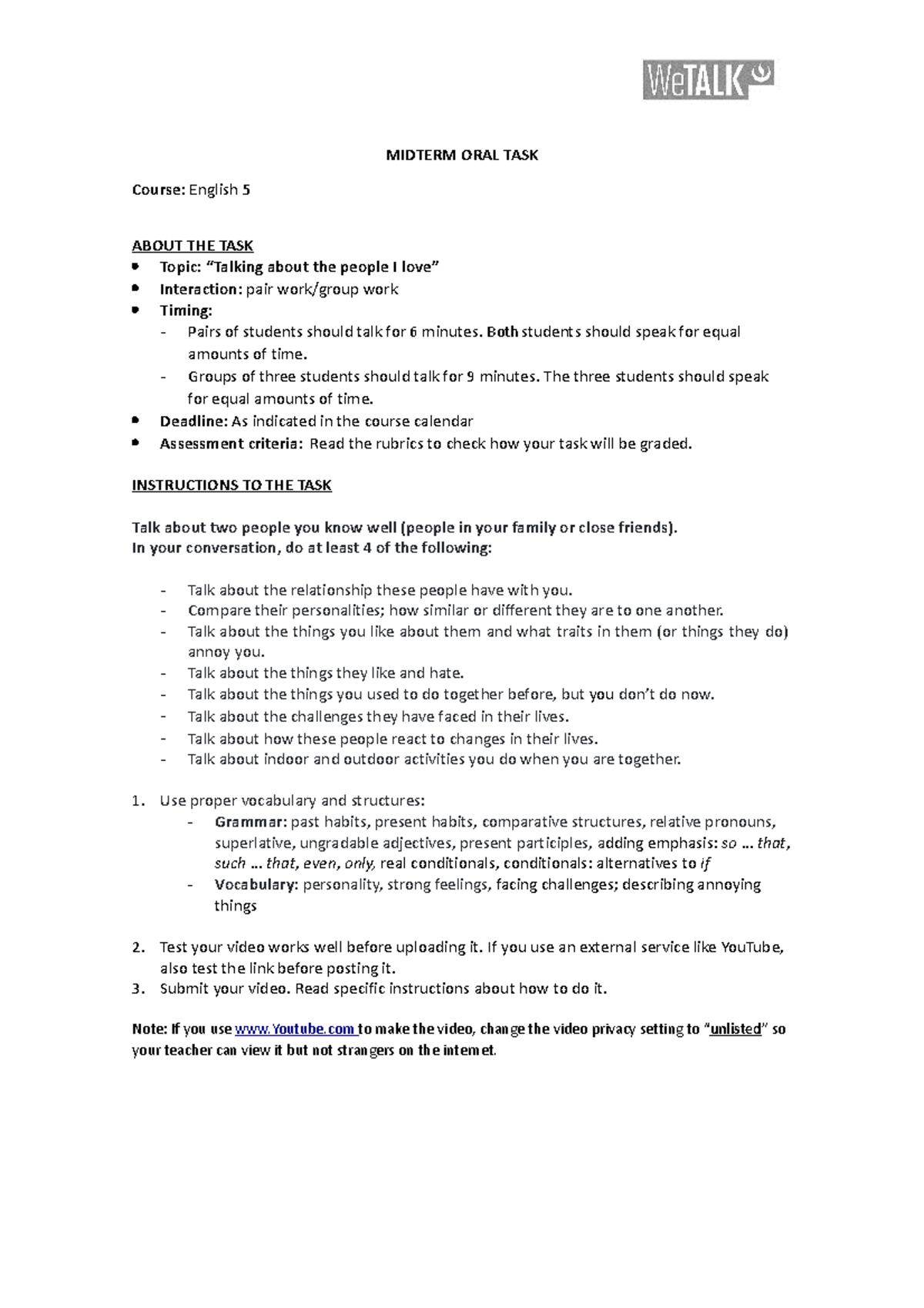 E5 MT ORAL TASK (EA) - Pautas para examen parcial del nivel de ingles 5 ...