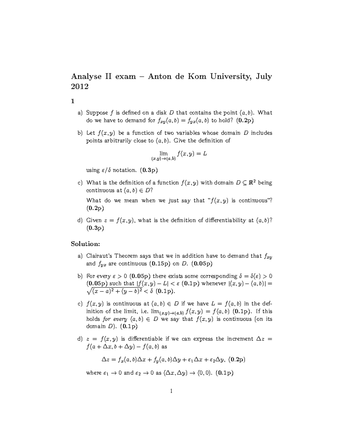 Analyse 2 Final Solutions Exam July2012 - Analyse II exam – Anton de ...