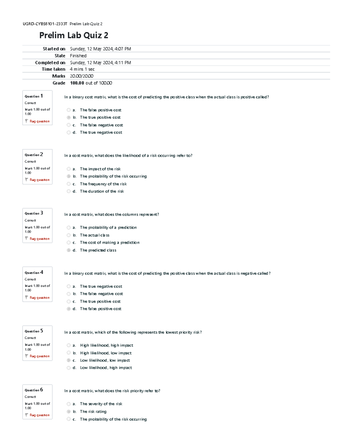 Prelim Lab Quiz 2 Attempt review 4 - Question 1 Correct Mark 1 out of 1. Flag question Question ...