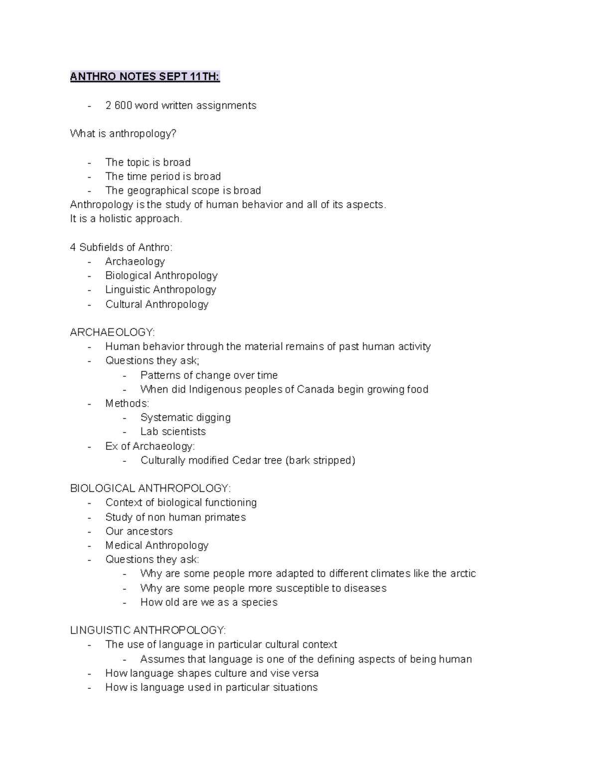 Anthro Notes SEPT-2 - ANTHRO NOTES SEPT 11TH: 2 600 word written ...