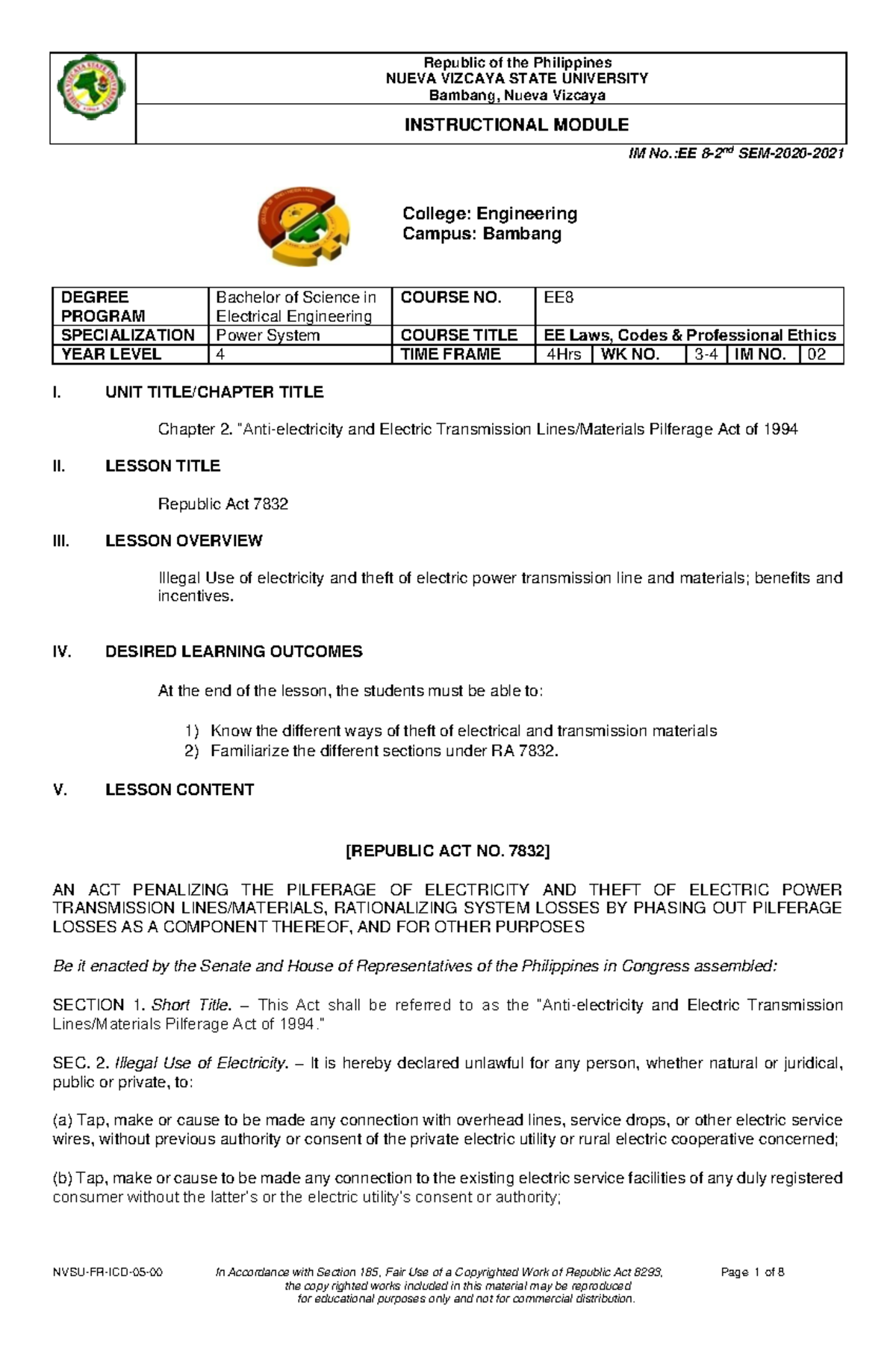 Electrical engineering laws - NUEVA VIZCAYA STATE UNIVERSITY Bambang ...