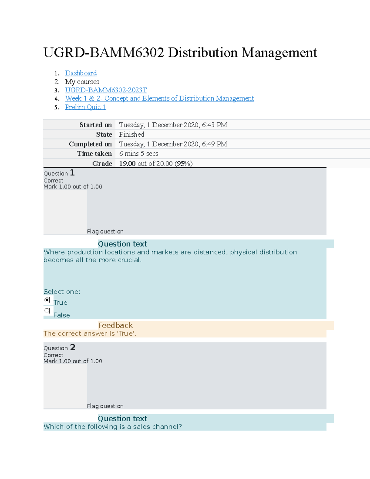 UGRD-BAMM6302 Distribution Management q1 - Dashboard 2. My courses 3 ...