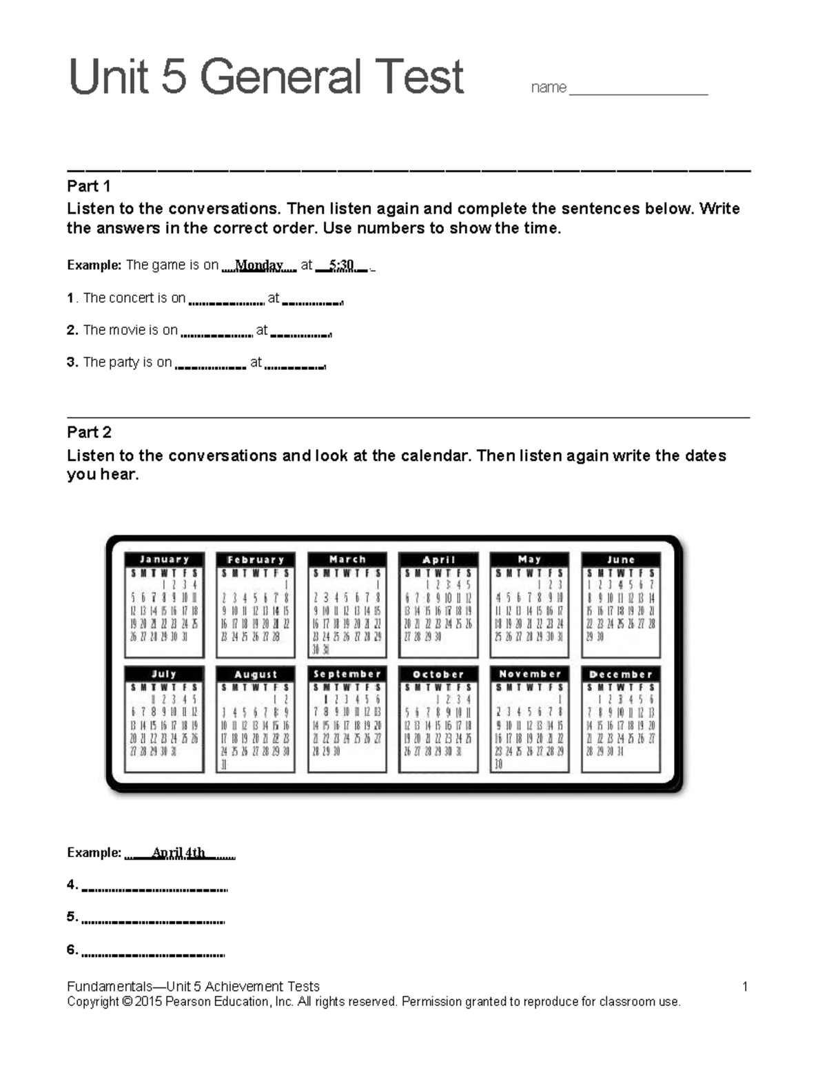 Top Notch Fundamentals Unit 5 Assessment - Unit 5 General Test name ...