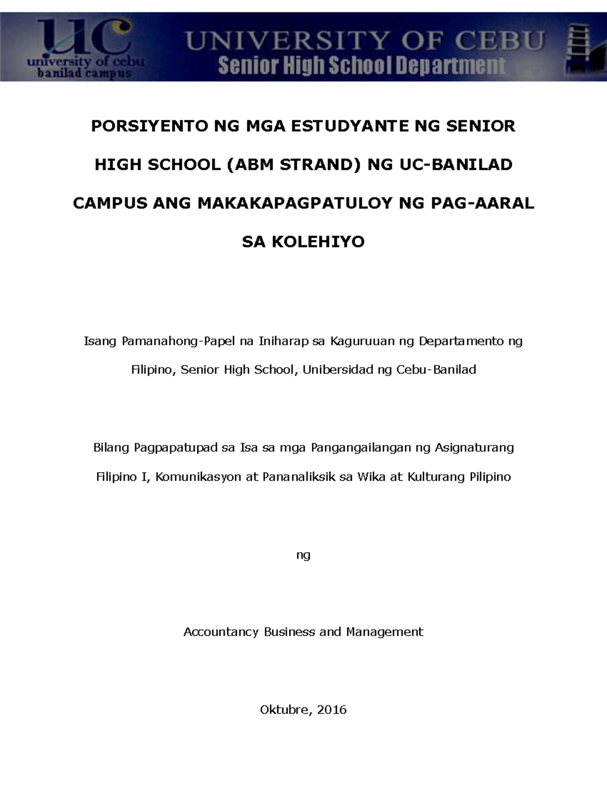 Filipino Research Group 7 (PORSIYENTO NG MGA ESTUDYANTE NG SENIOR HIGH ...