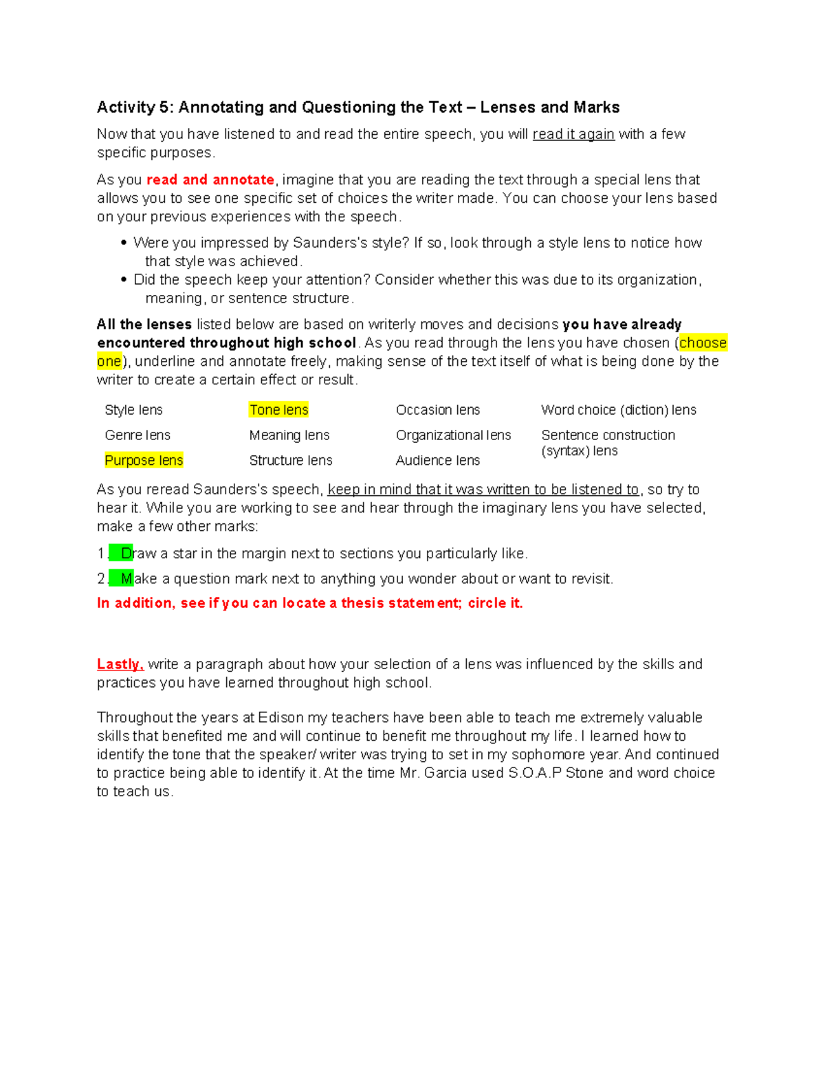 Act 5 - Act 5 of kindness - Activity 5: Annotating and Questioning the Text – Lenses and Marks ...
