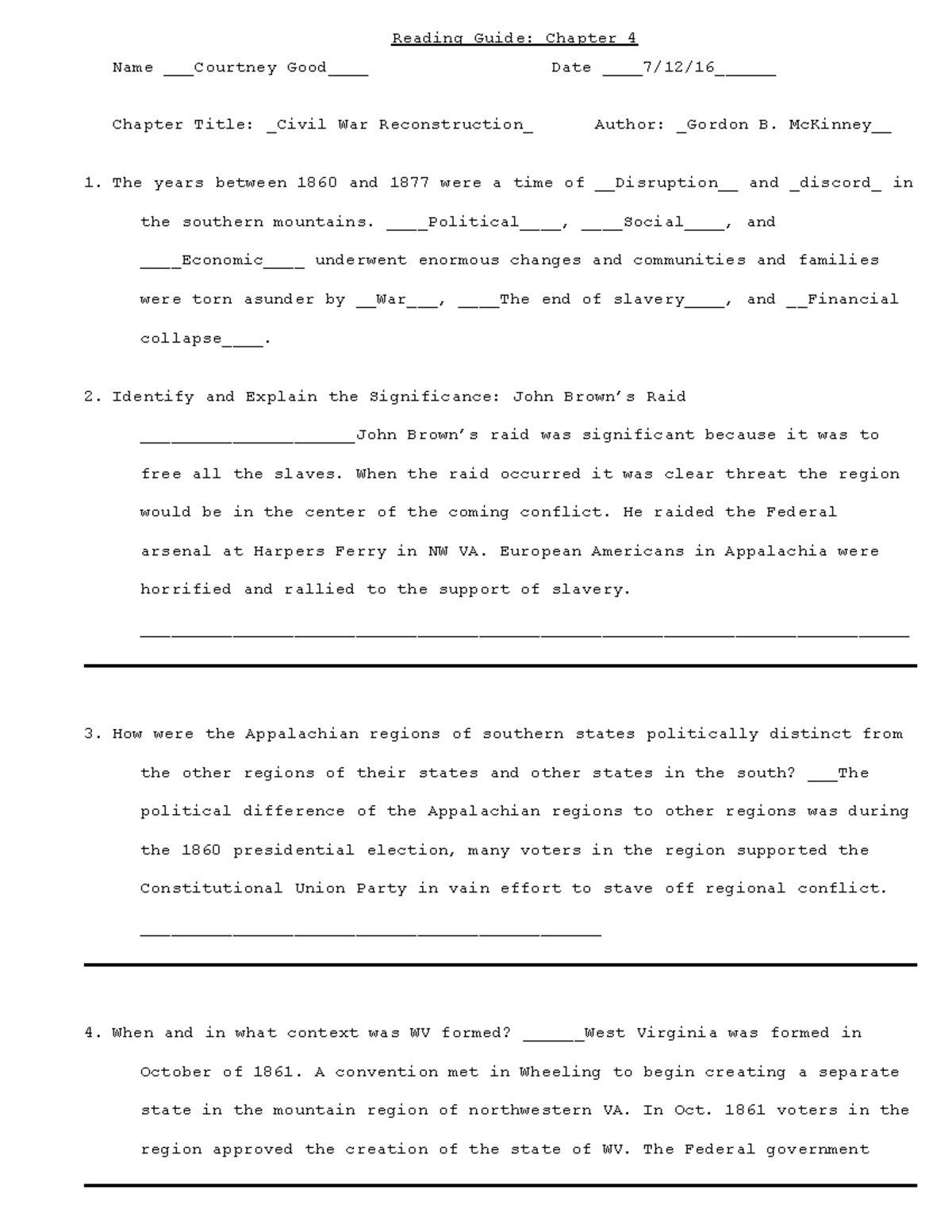 Reading Guide- Civil War and Reconstruction - Reading Guide: Chapter 4 ...