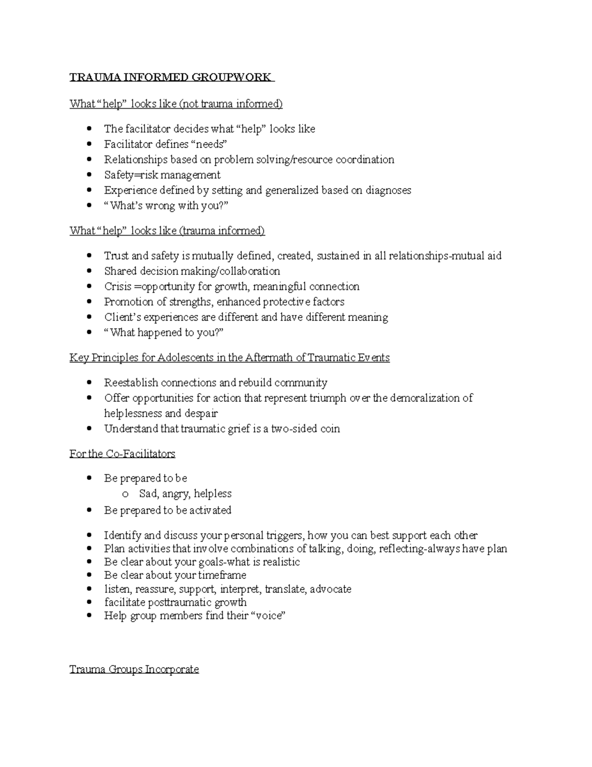 Trauma Group Work Lecture Notes - TRAUMA INFORMED GROUPWORK What “help ...
