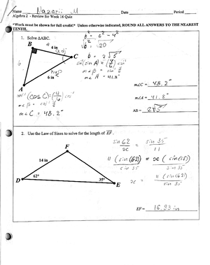 Algebra 2 - Law of Cosines - AS.110.756. - Studocu