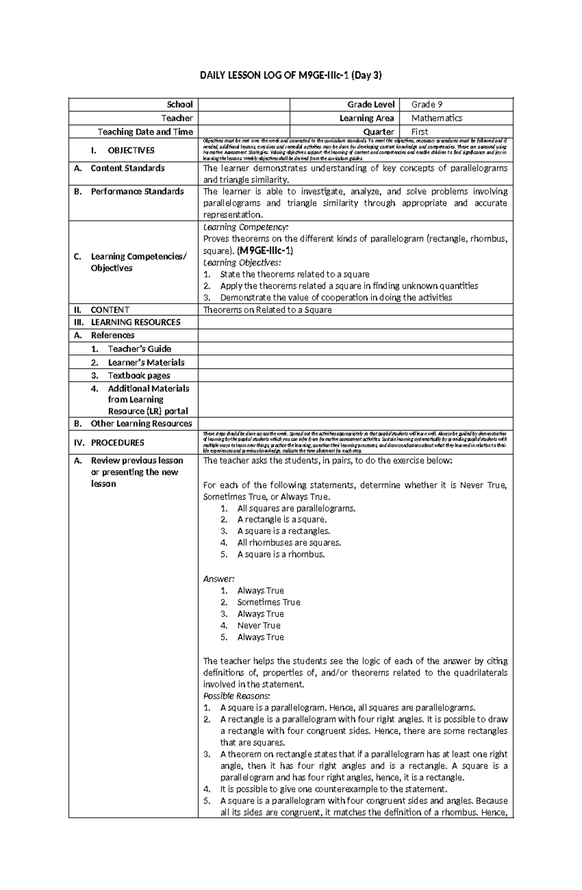 MATH G9 III-Day 11 - day 11 - DAILY LESSON LOG OF M9GE-IIIc-1 (Day 3 ...