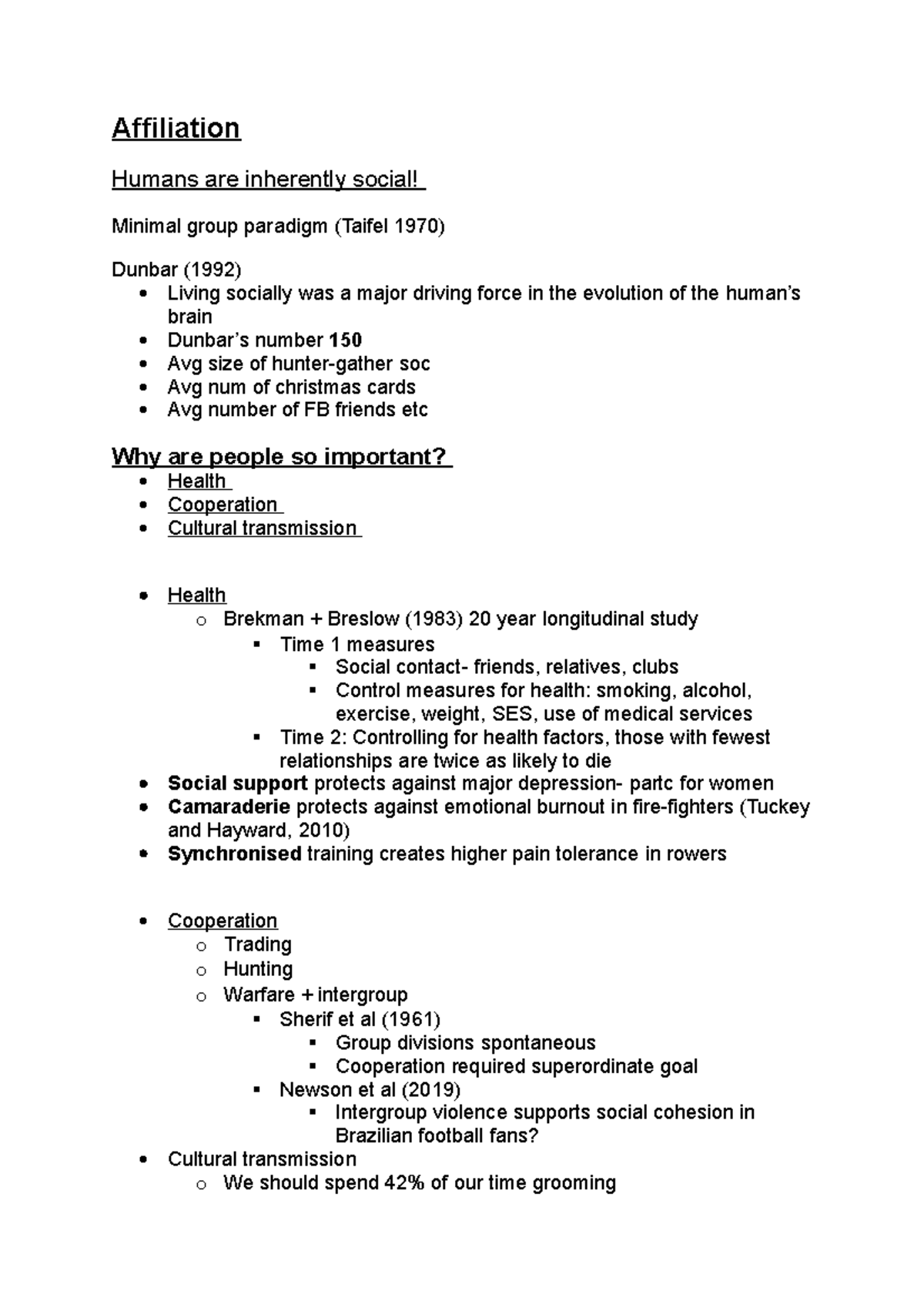 Affiliation - Lecture notes - Affiliation Humans are inherently social ...