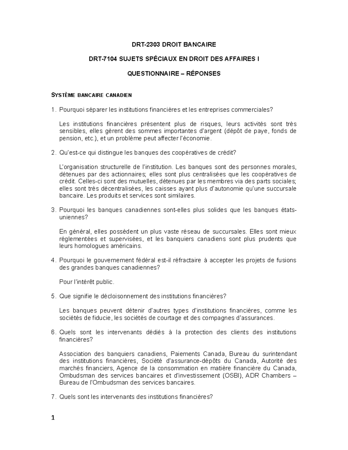 BAN - Questionnaire (Système bancaire canadien) - Réponses - DRT-2303 ...