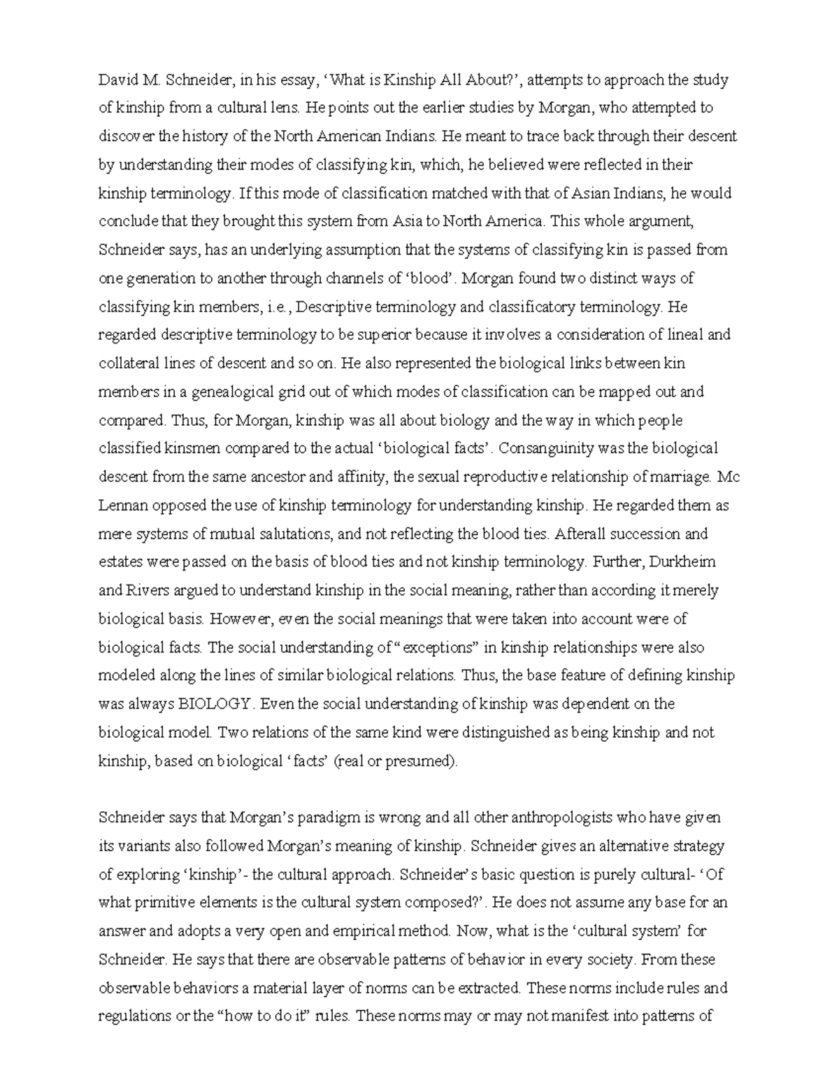 Schneider summary - David M. Schneider, in his essay, ‘What is Kinship ...