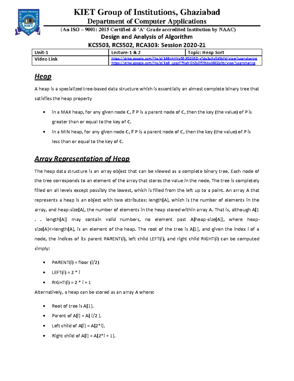 Unit1 Heap Sort KCS503 - Heap sort - Department of Computer Applications (An ISO – 9001: 2015 ...
