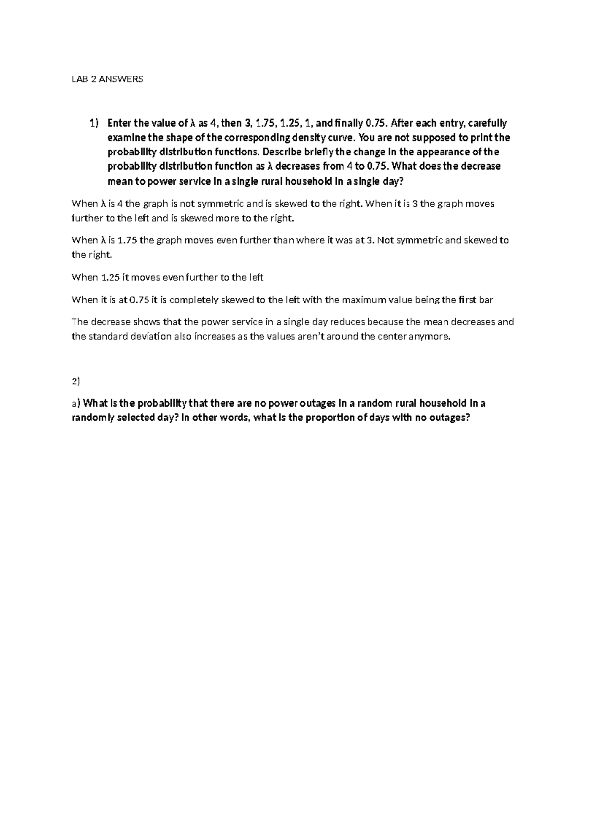 LAB 2 Answers - stats lab - LAB 2 ANSWERS Enter the value of λ as 4, then 3, 1, 1, 1, and ...