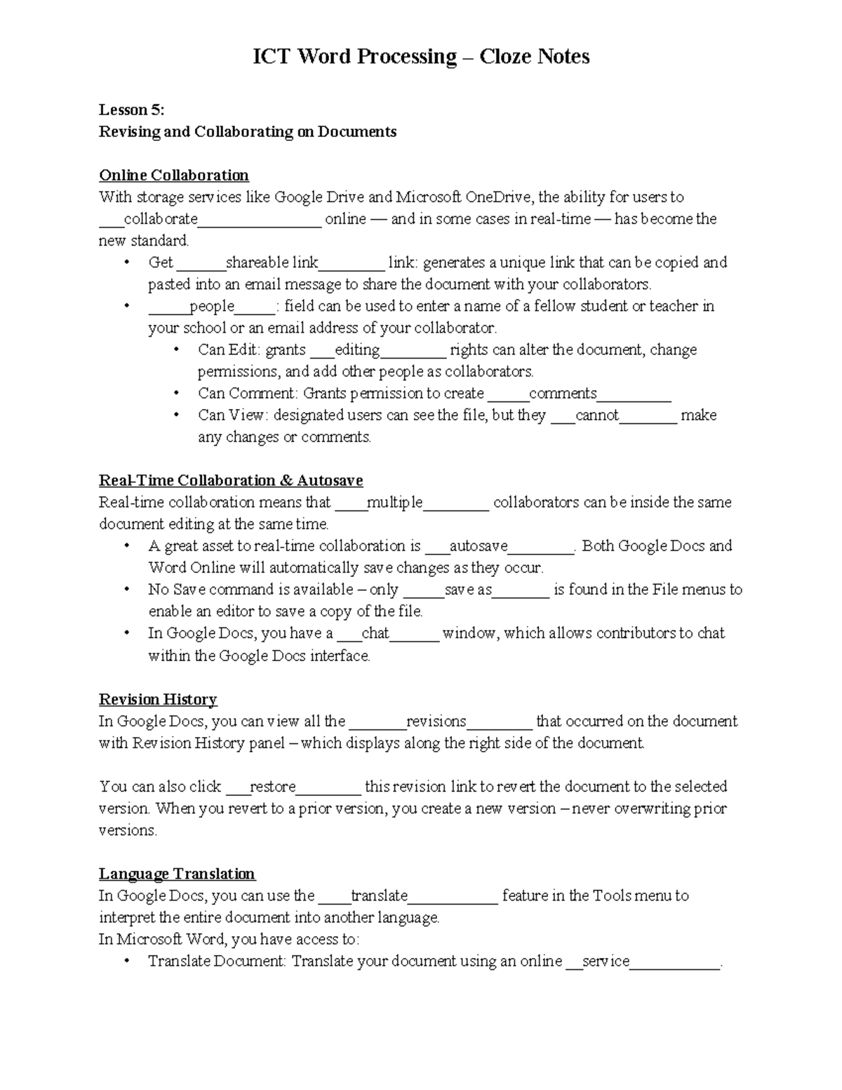The ICT LP - no no mno - ICT Word Processing – Cloze Notes Lesson 5 ...