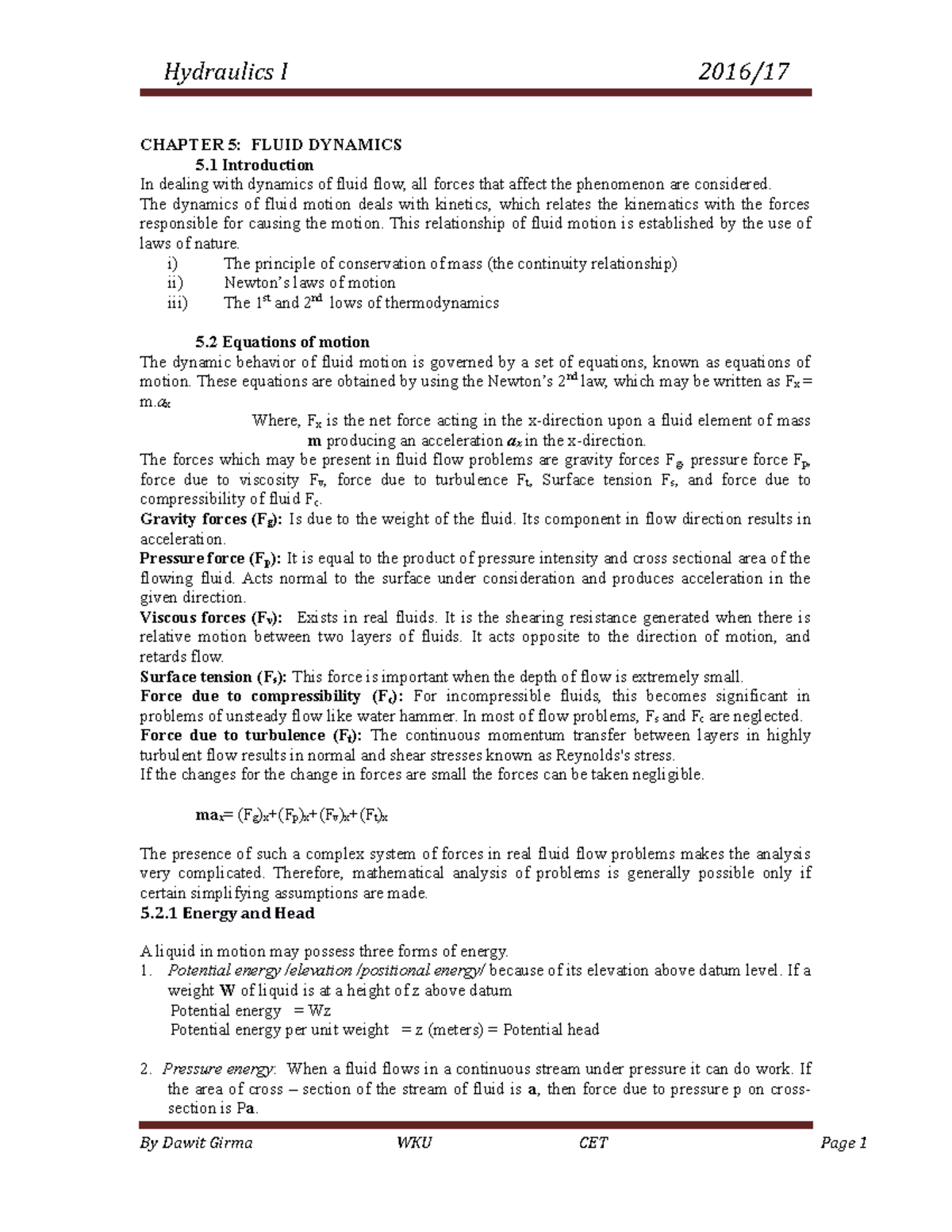 Chapter 5 - IMPORTANT - CHAPTER 5: FLUID DYNAMICS 5 Introduction In ...