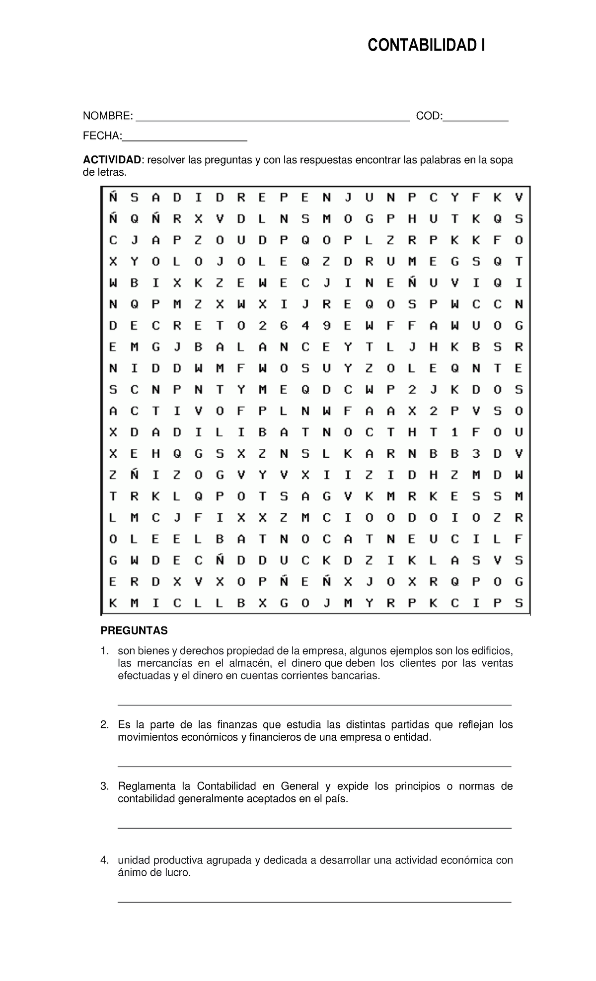 SOPA DE Letras Contabilidad - CONTABILIDAD I NOMBRE