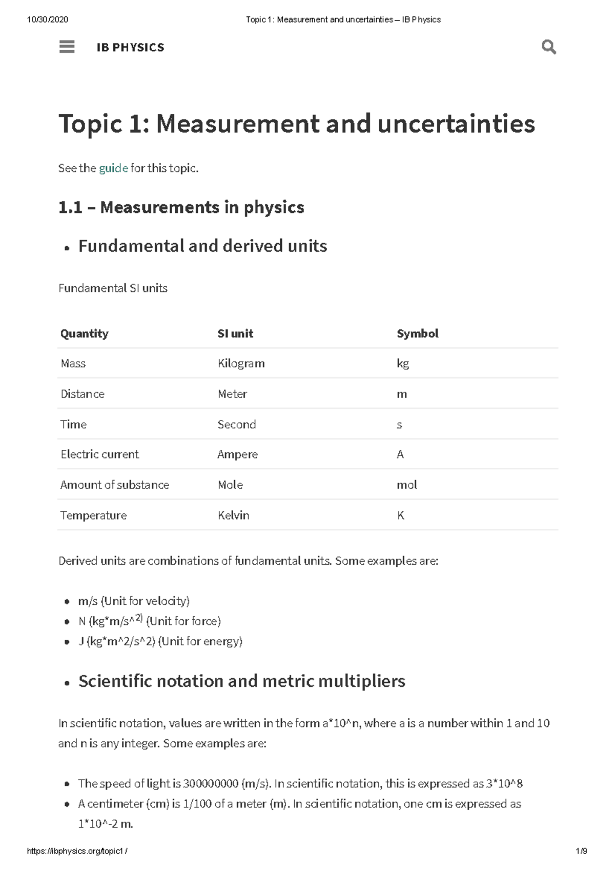 Uncertainity notes - Topic 1: Measurement and uncertainties See the ...