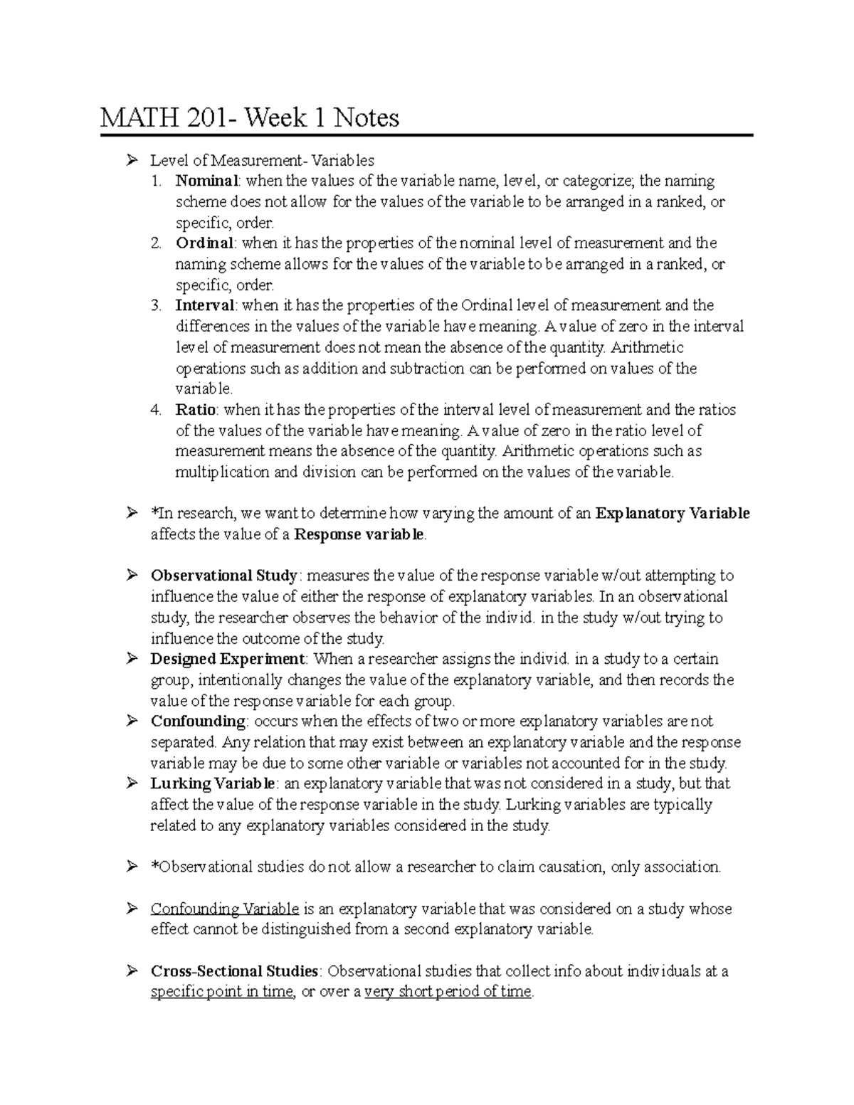 Weeks 1, 2 and 3 Notes - MATH 201- Week 1 Notes Level of Measurement ...