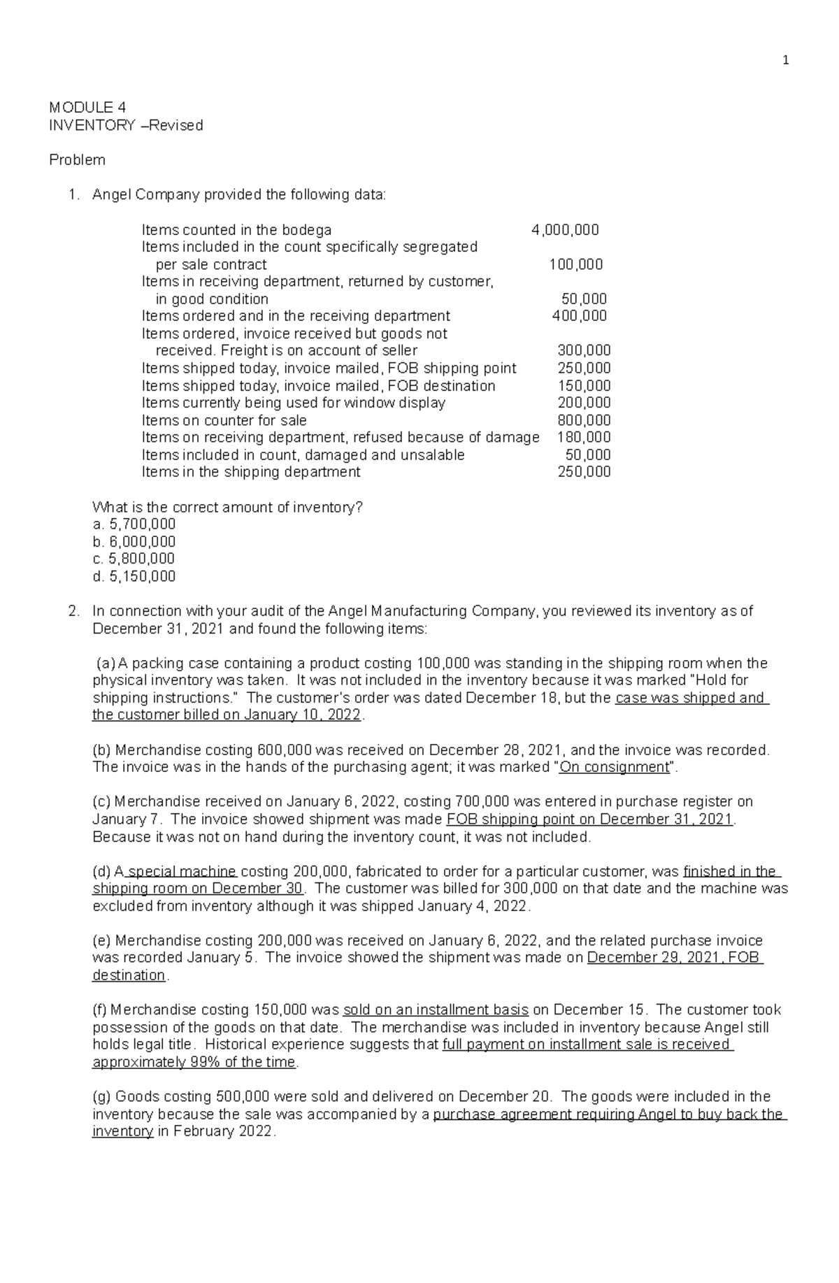 Module-4- Inventory - n/a - MODULE 4 INVENTORY –Revised Problem Angel ...